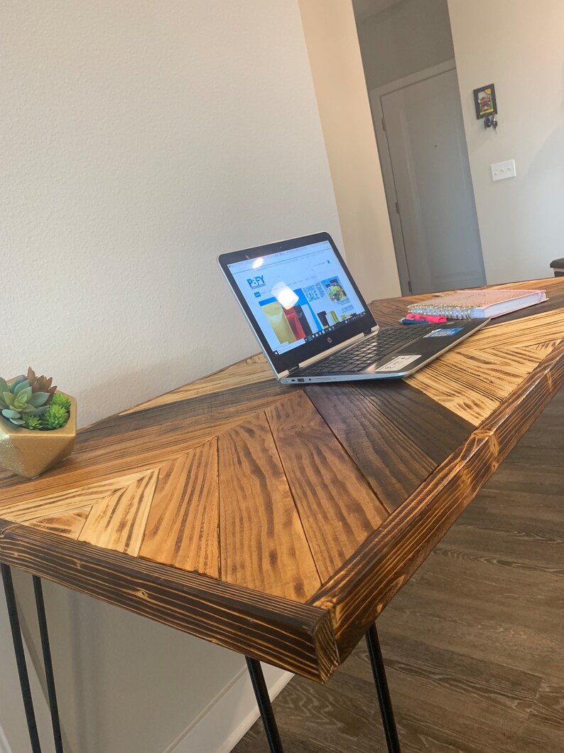Wooden Work Desk With Chevron Pattern and Hairpin Legs - Etsy