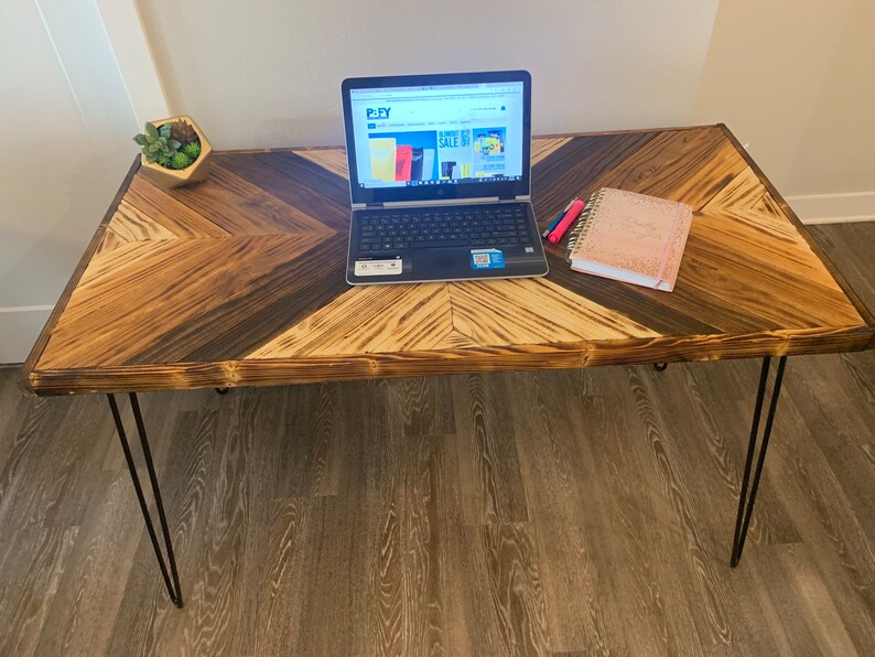 Wooden Work Desk With Chevron Pattern and Hairpin Legs - Etsy