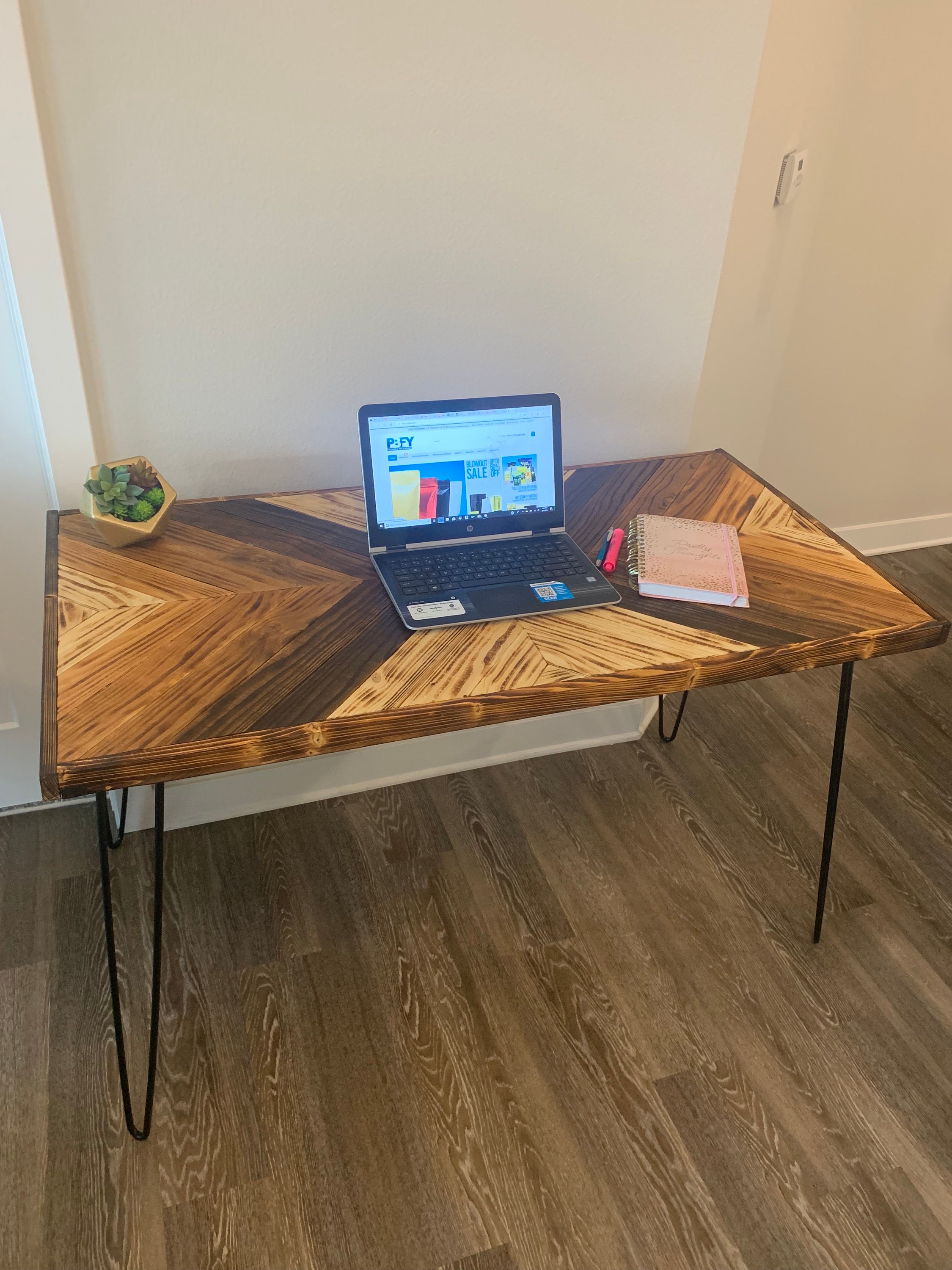 Wooden Work Desk With Chevron Pattern and Hairpin Legs - Etsy