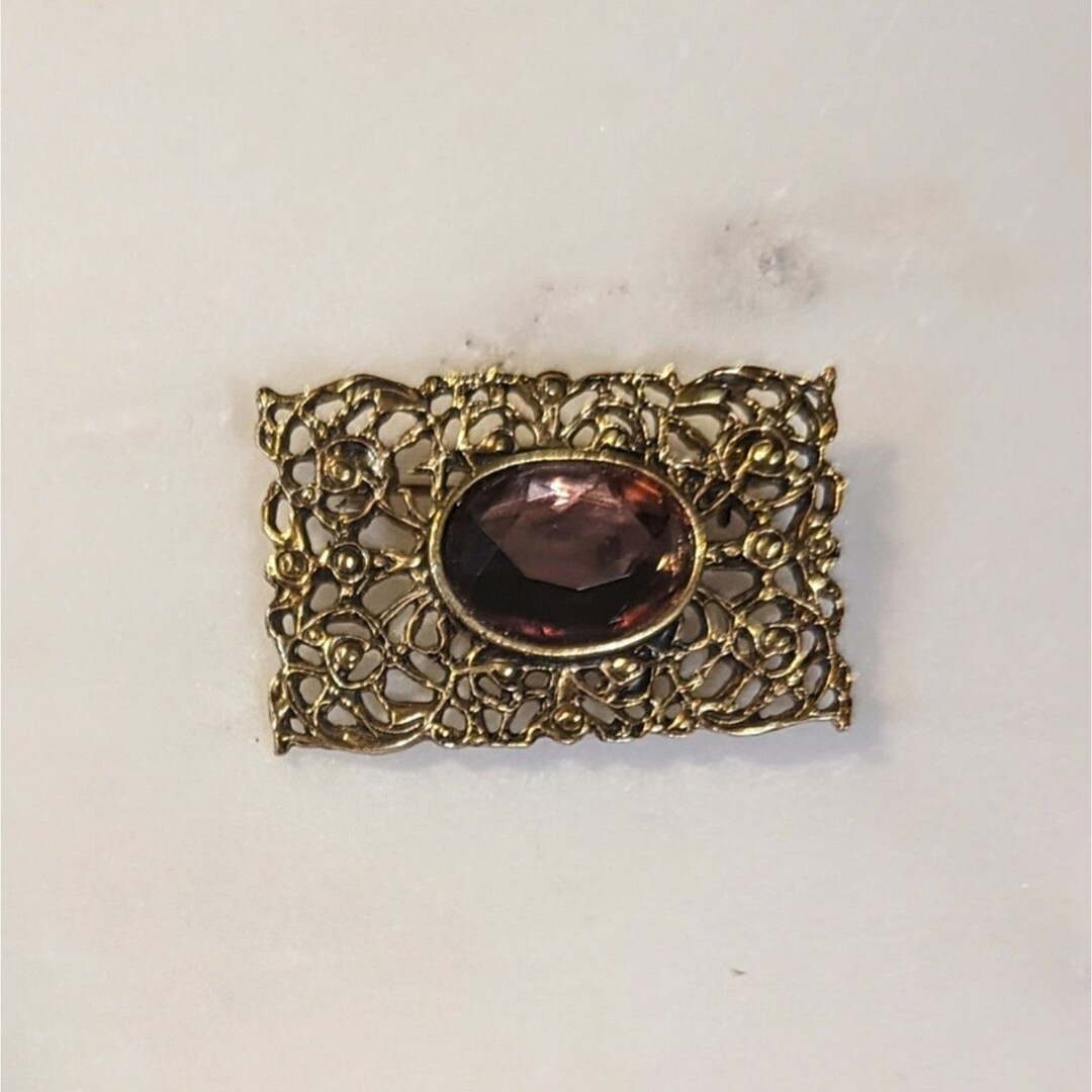 Vintage Rectangular Gold Filigree Brooch / Pin With Faceted - Etsy