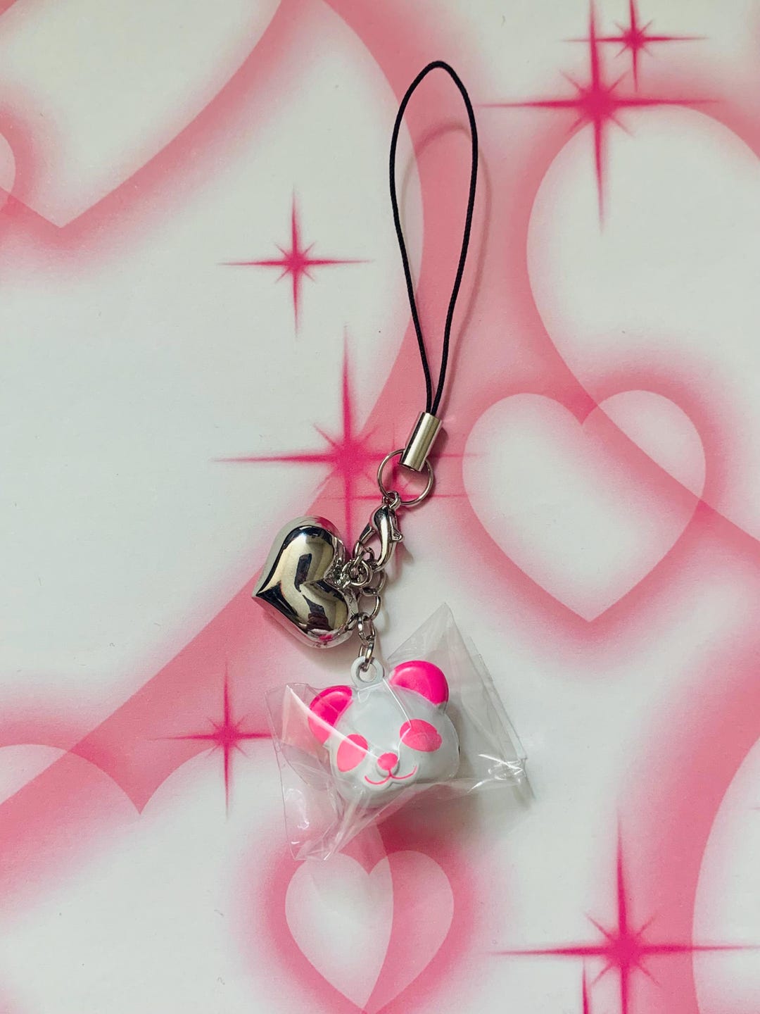 Cute Mini Hand Assembled Pink Panda Bear Bell Charm and Silver Heart ...