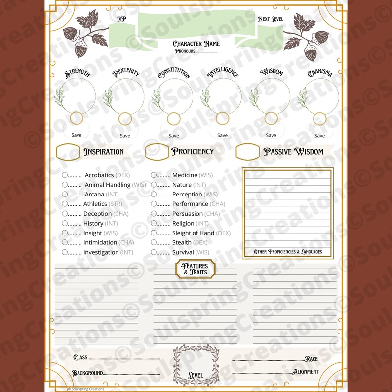 Woodland | Dnd 5e Character Sheet, Dungeons and Dragons Stat Sheet, Dnd ...