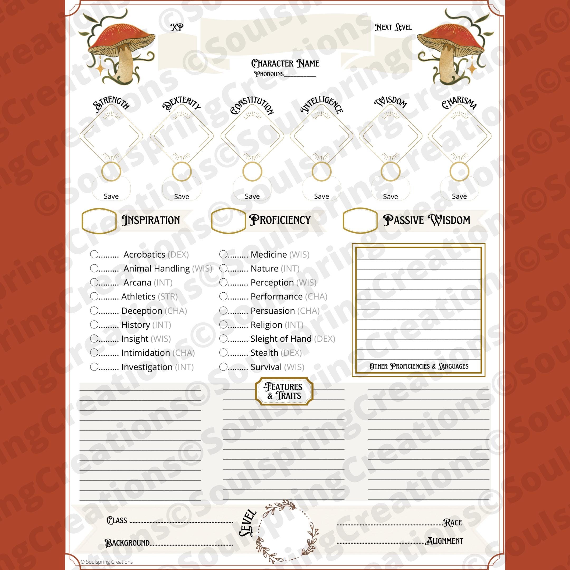 Mushroom Dnd 5e Character Sheet: Printable PDF (digital Download) - Etsy