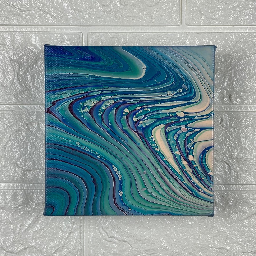 Neo Aqua Ripples Abstract Acrylic Pour Painting, Aqua, Blue and Purple ...