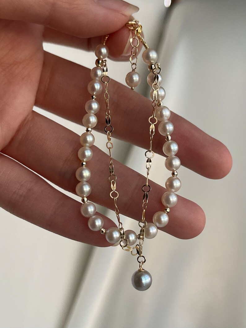 18k Solid Gold Rabbit Chain With 4.5mm Japanese Akoya Pearl Double ...