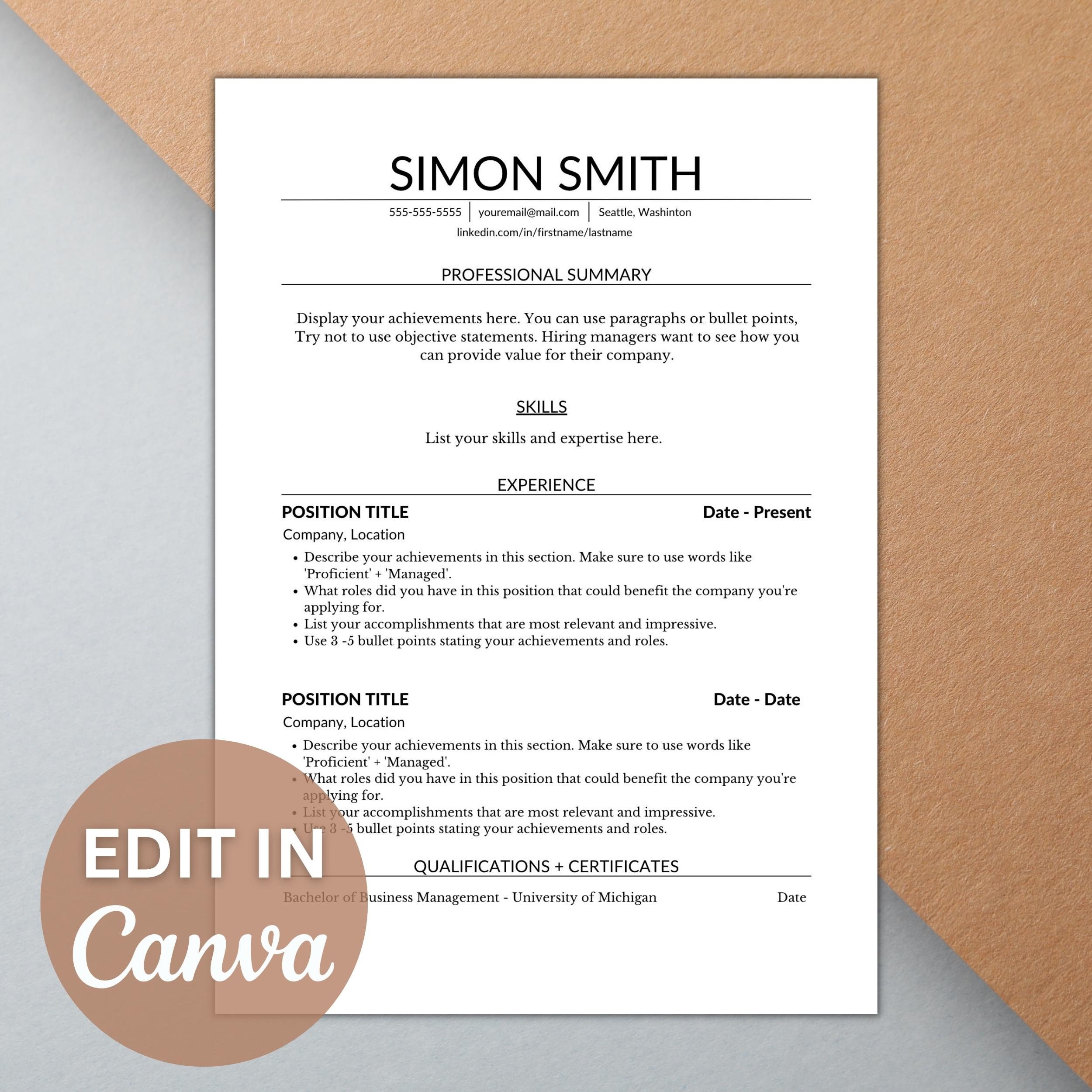 Basic Resume Template, Free Cover Sheet + Reference Sheet, ATS ...