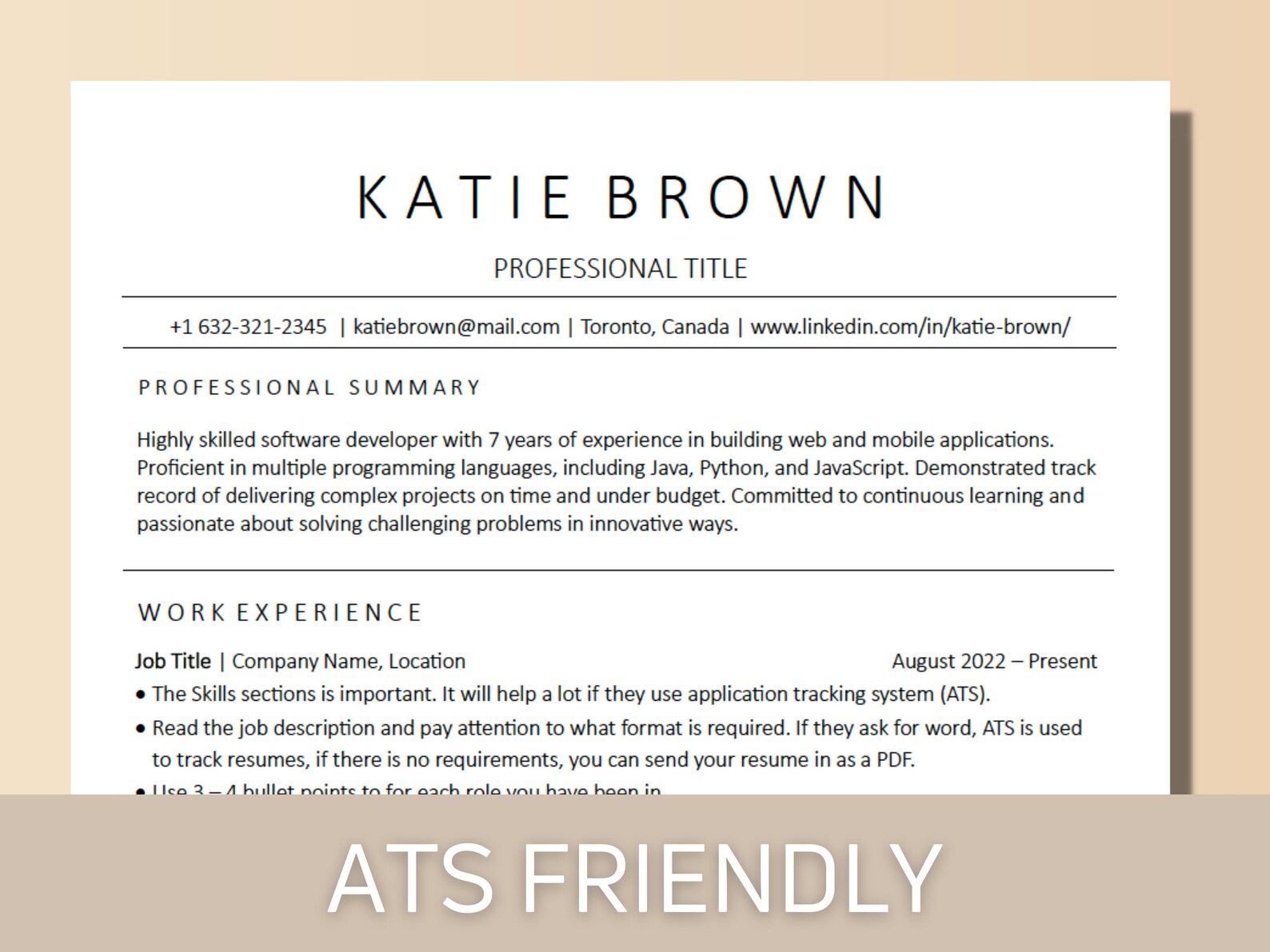 ATS Friendly Resume Template Microsoft Word Cover Letter References ...