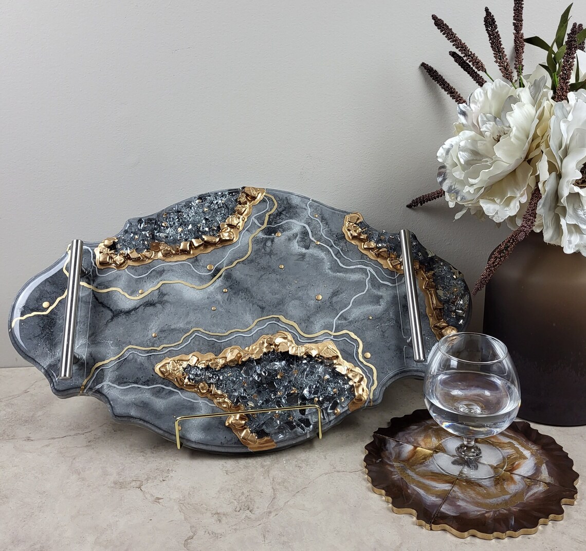 Grey Resin GLAM Decorative Tray W/crushed Glass | Dresser and Table ...