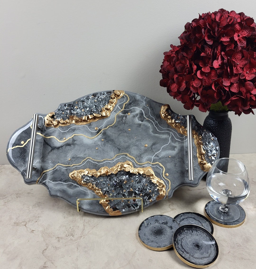 Grey Resin GLAM Decorative Tray W/crushed Glass | Dresser and Table ...