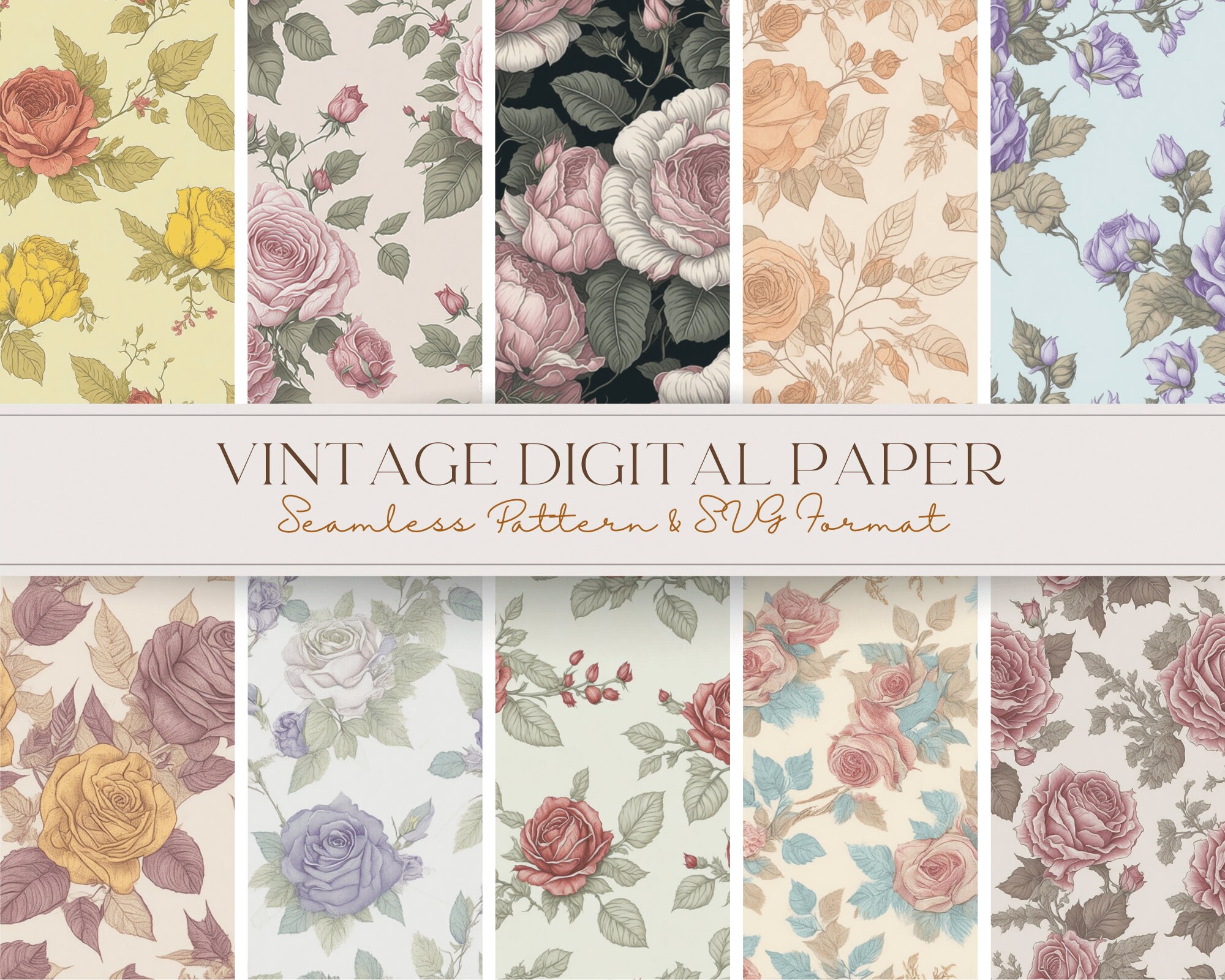 10 Vintage Antique Rose Digital Paper, Seamless, SVG Format, Rose ...