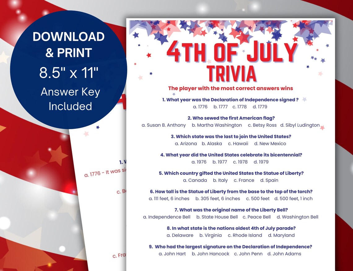 4th of July Trivia Printable Game, 4th of July Game, Printable Family ...
