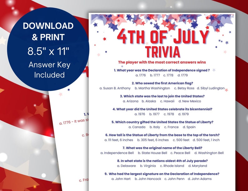 4th of July Trivia Printable Game, 4th of July Game, Printable Family ...