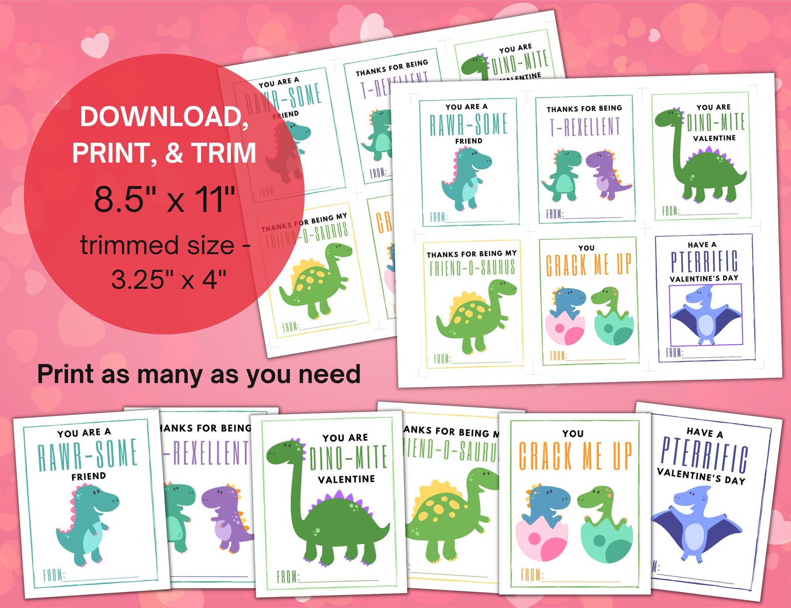Printable Dinosaur Valentine's Day Cards. Instant PDF Download - Etsy