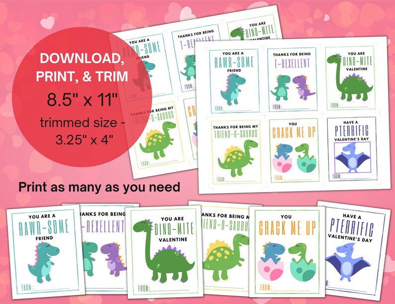 Printable Dinosaur Valentine's Day Cards. Instant PDF Download - Etsy