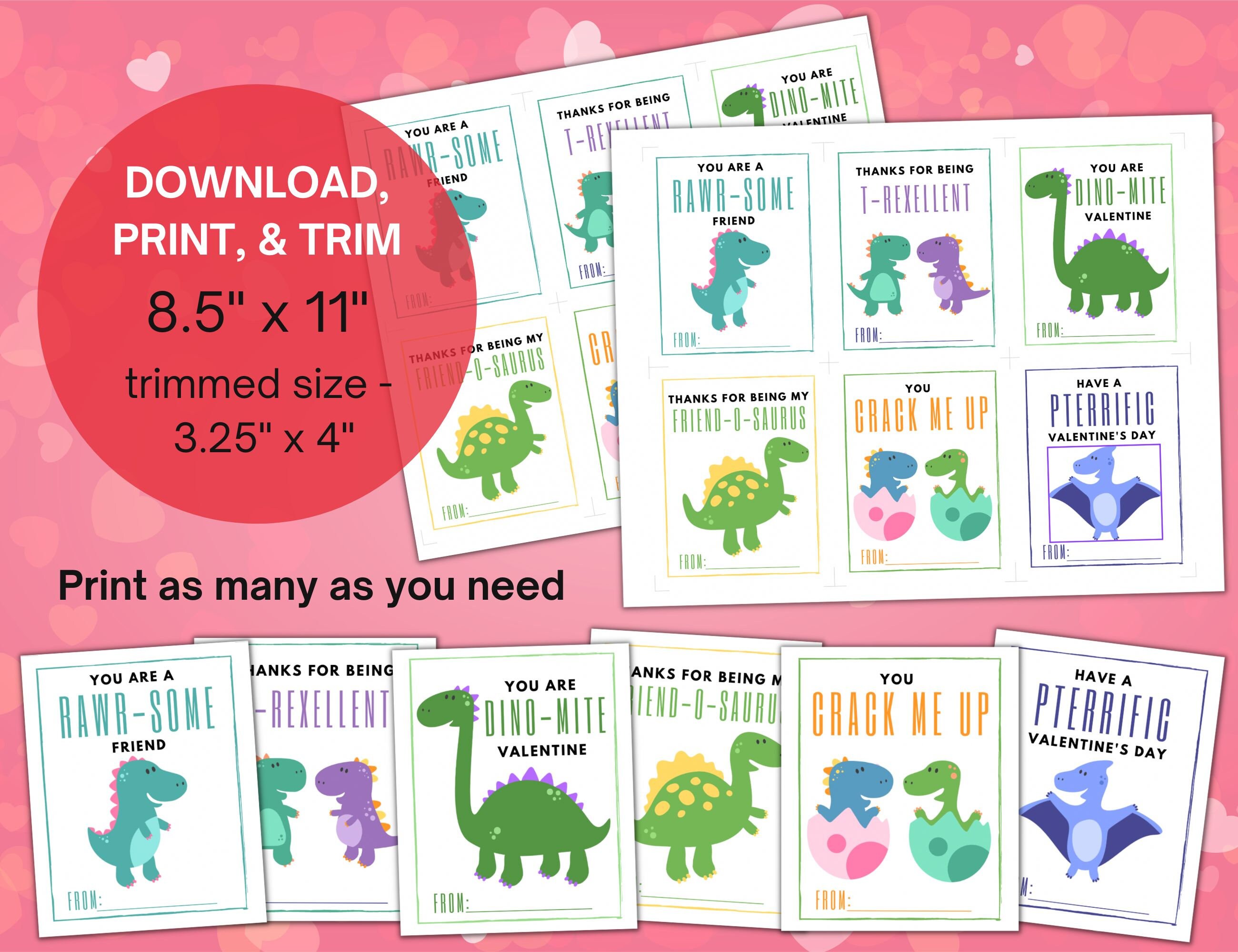 Printable Dinosaur Valentine's Day Cards. Instant PDF Download - Etsy