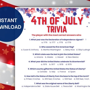4th of July Trivia Printable Game, 4th of July Game, Printable Family ...