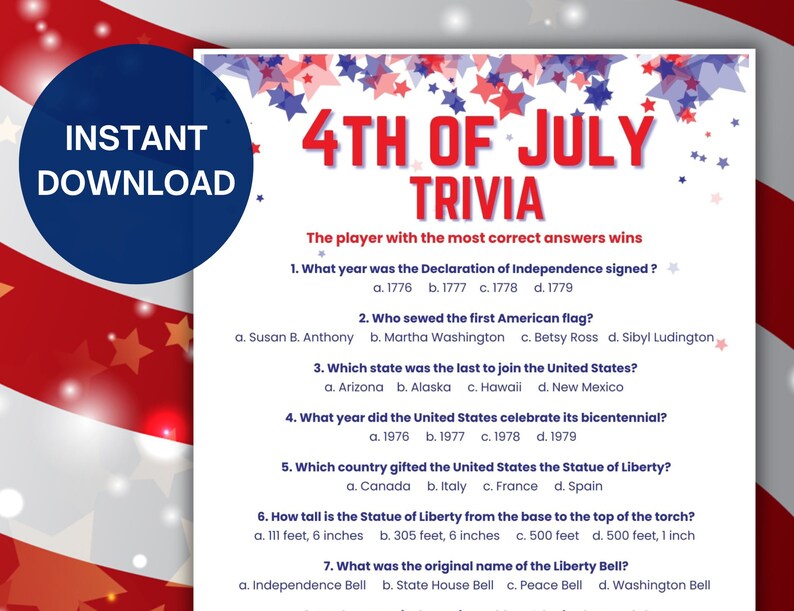 4th of July Trivia Printable Game, 4th of July Game, Printable Family ...