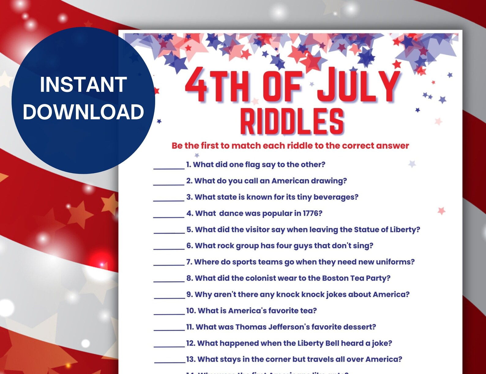 4th of July Riddles Printable Game, 4th of July Game, Printable Family ...