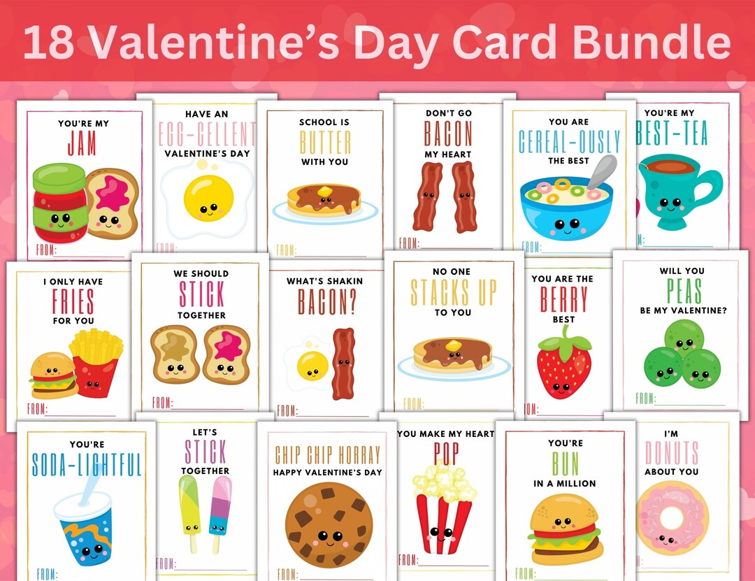 Printable Valentine's Day Card Bundle - 18 Food Pun Cards - Instant ...