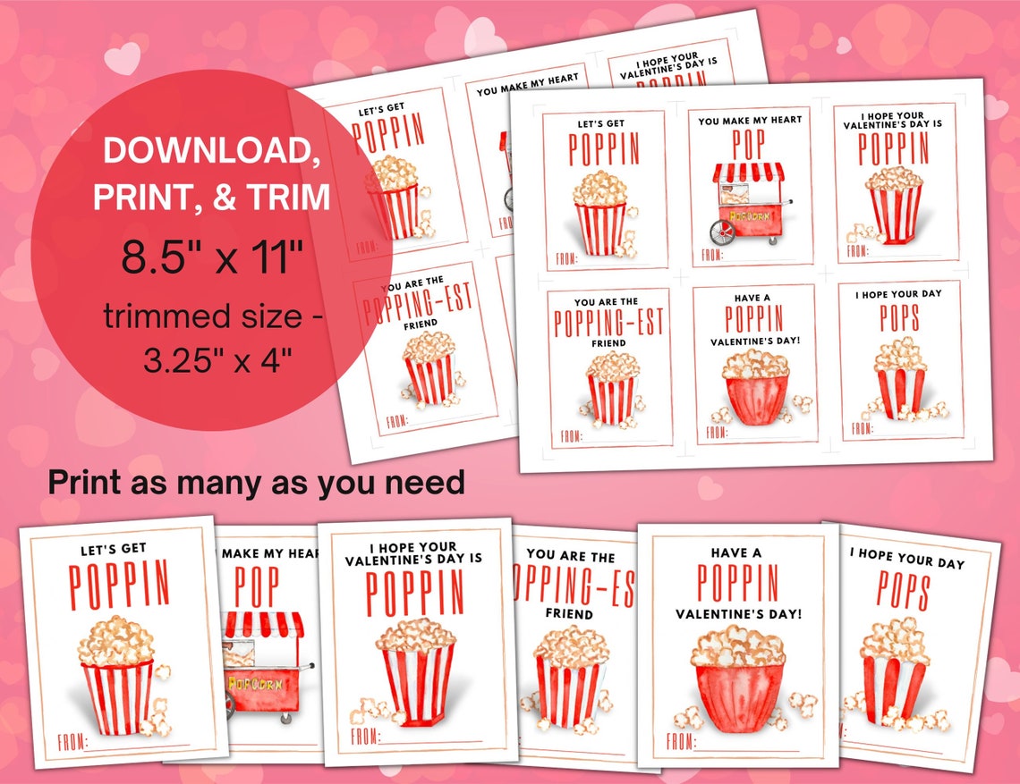 Popcorn Valentine Cards for Kids. Printable PDF. - Etsy