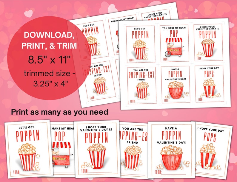 Popcorn Valentine Cards for Kids. Printable PDF. - Etsy