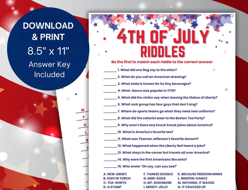 4th of July Riddles Printable Game, 4th of July Game, Printable Family ...