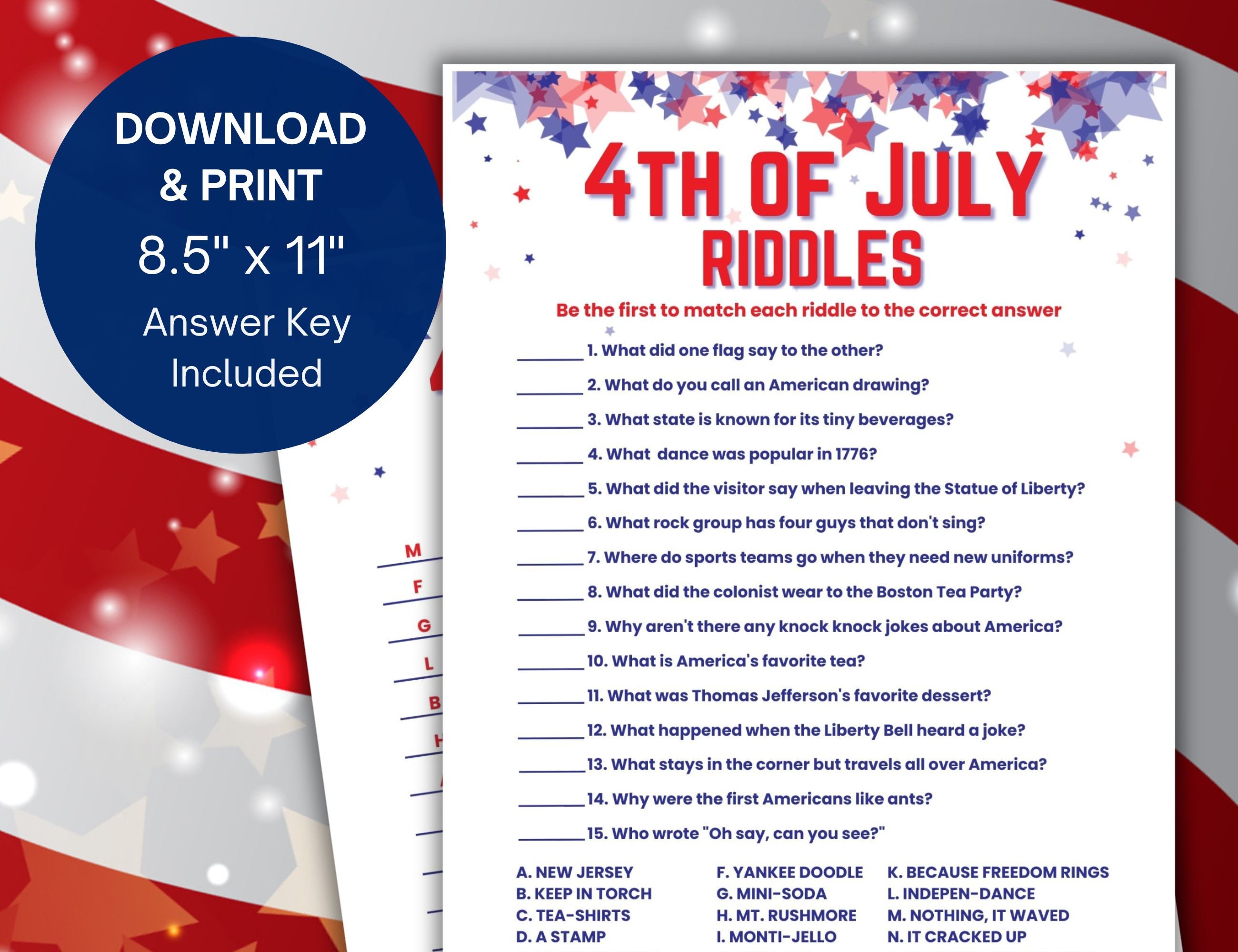 4th of July Riddles Printable Game, 4th of July Game, Printable Family ...