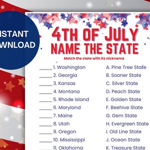 4th of July Name the State Printable Game, 4th of July Game, Printable ...