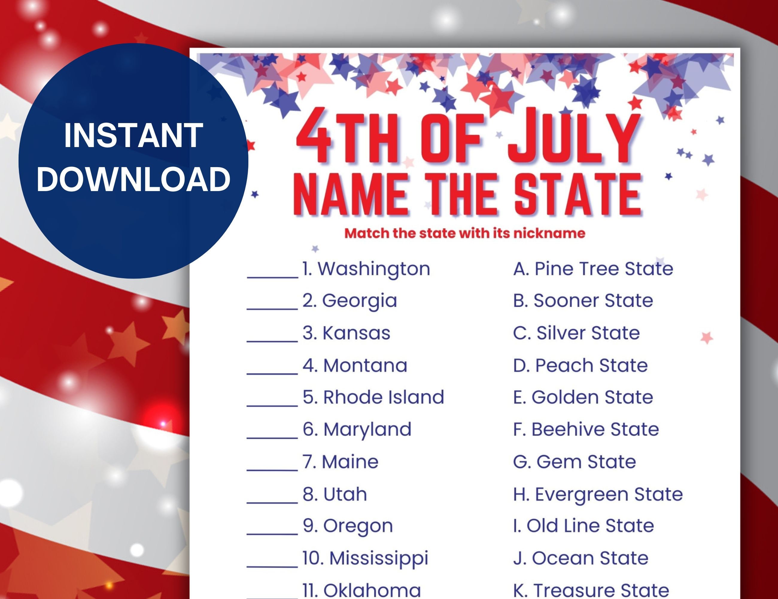 4th of July Name the State Printable Game, 4th of July Game, Printable ...
