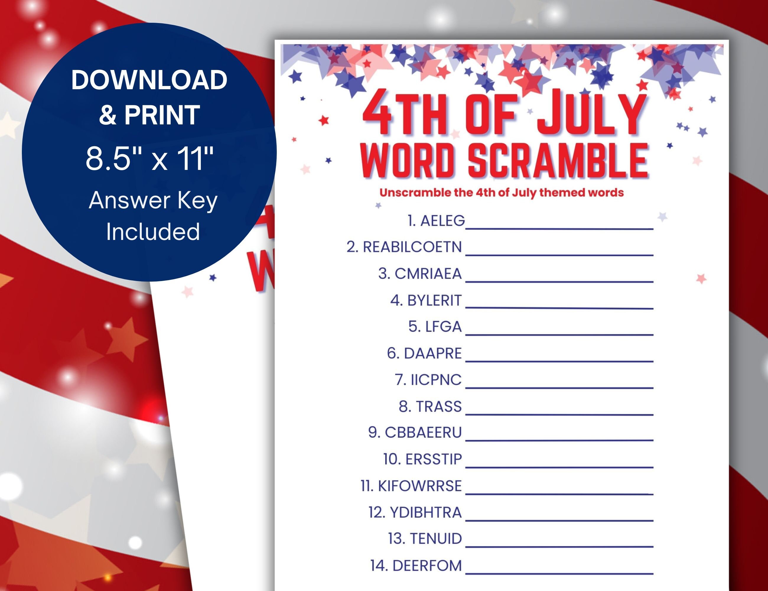 4th of July Word Scramble Printable Game, 4th of July Game, Printable ...