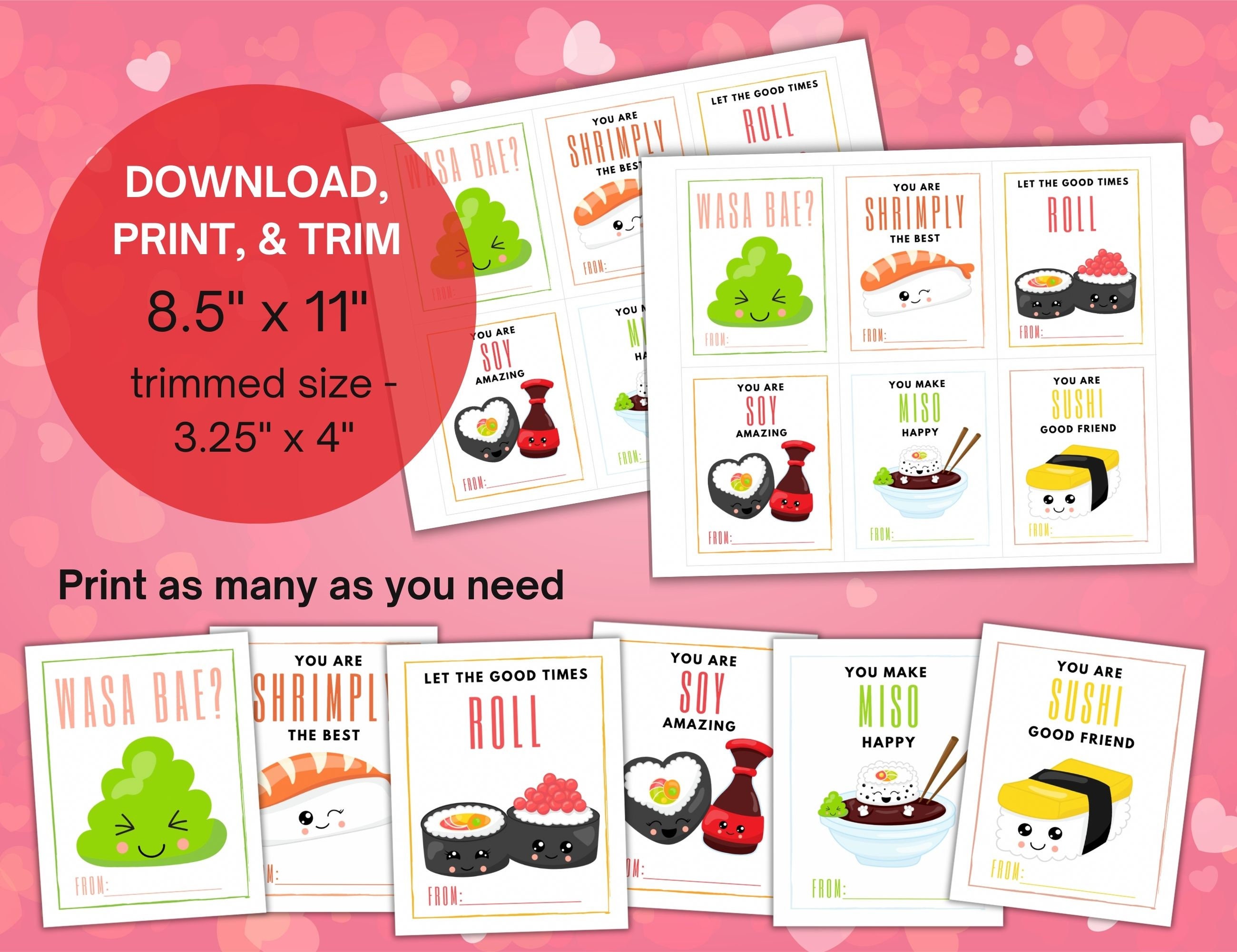 Printable Sushi Valentine's Day Cards. Instant Download Kids Valentine ...