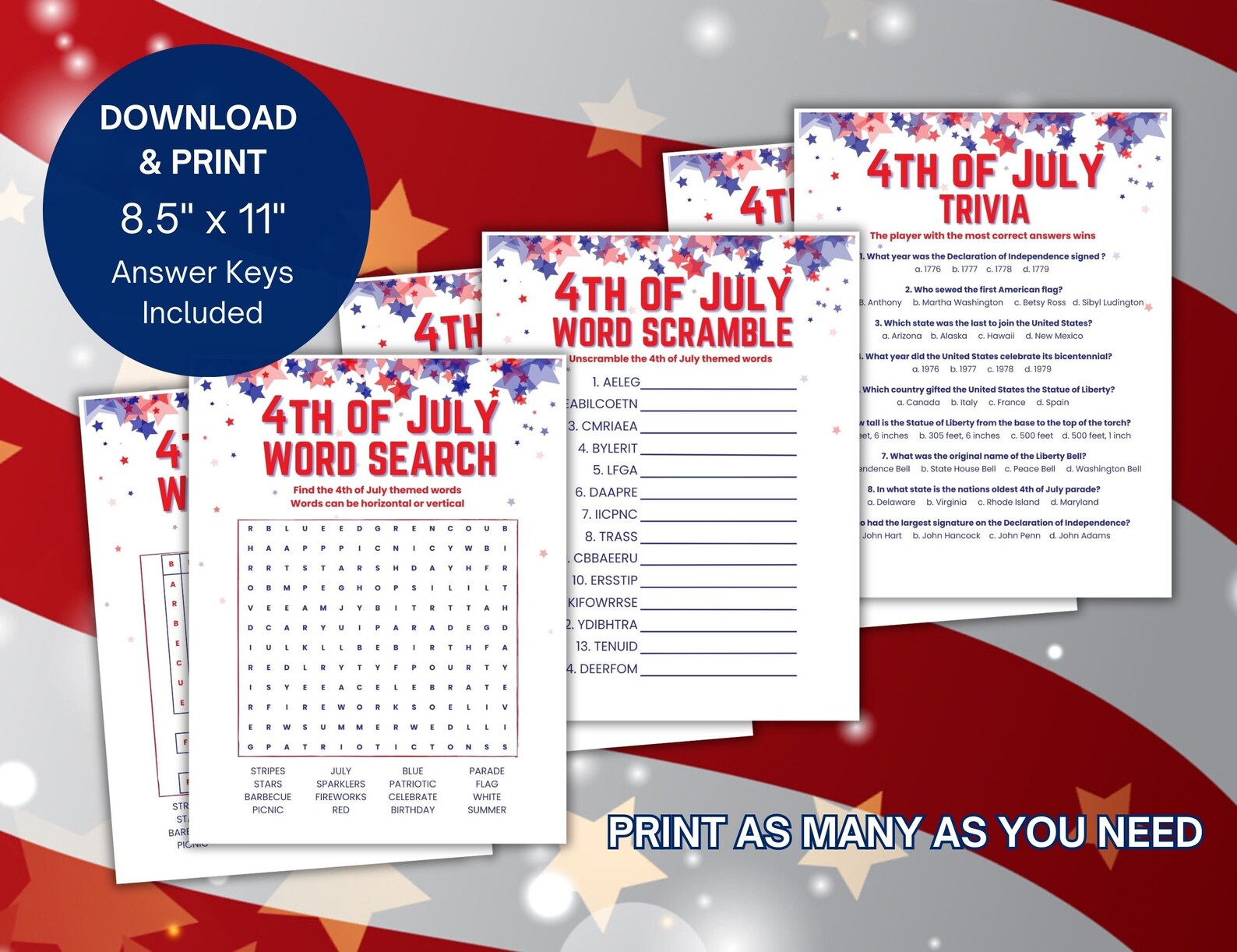 4th of July Printable Game Bundle, 4th of July Games, Printable Family ...