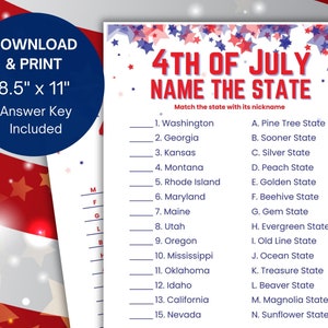 4th of July Name the State Printable Game, 4th of July Game, Printable ...