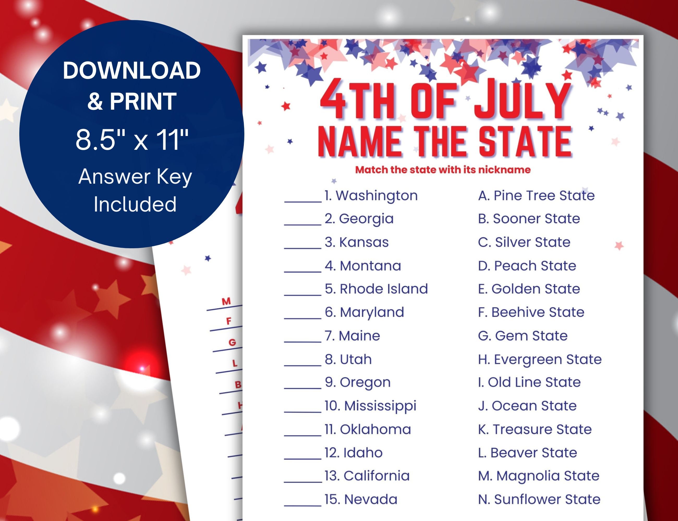 4th of July Name the State Printable Game, 4th of July Game, Printable ...