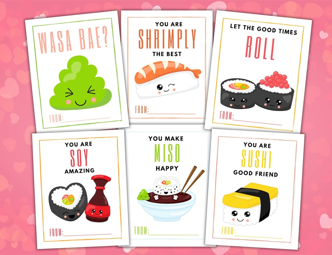Printable Sushi Valentine's Day Cards. Instant Download Kids Valentine ...