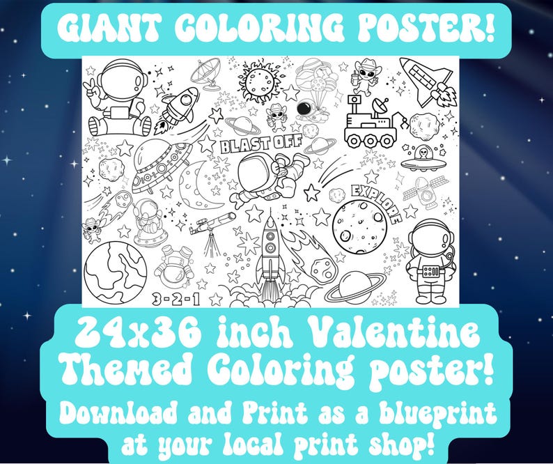 Giant Printable Space Theme Coloring Poster | Large Art Doodle Page for Kids, 24x36in, Digital ...