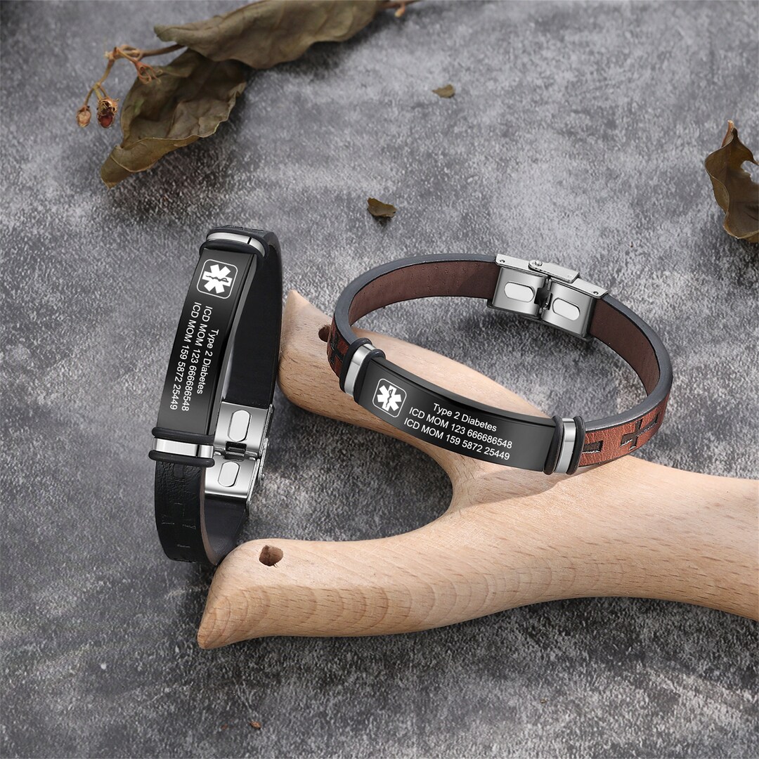 Anti Reflective Medical Alert Bracelet, Leather Medical ID Bracelet ...