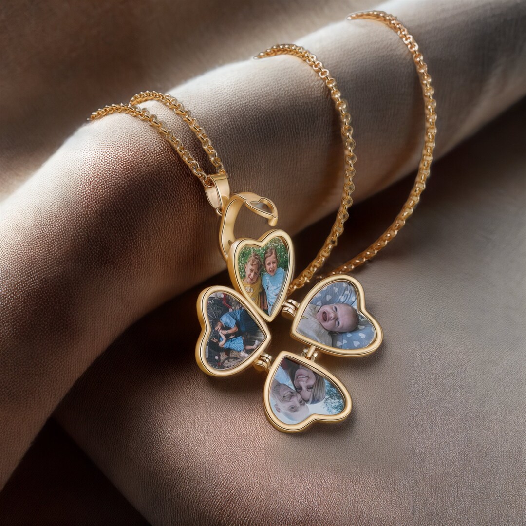 Buy Folding Heart Locket Necklace, Four Photo Locket Necklace, Memorial ...