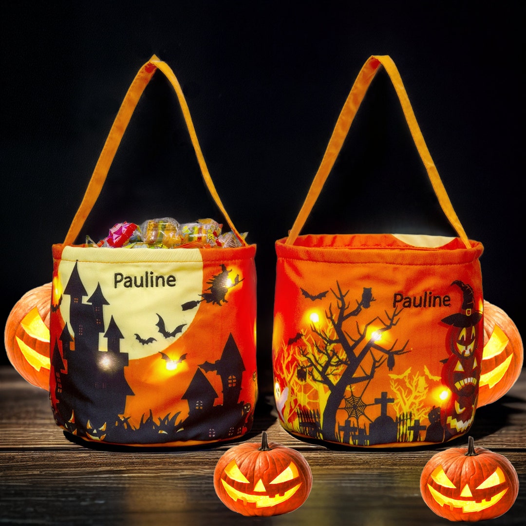 Trick or Treat Bag With LED Lights, Custom Name Halloween Candy Bags ...