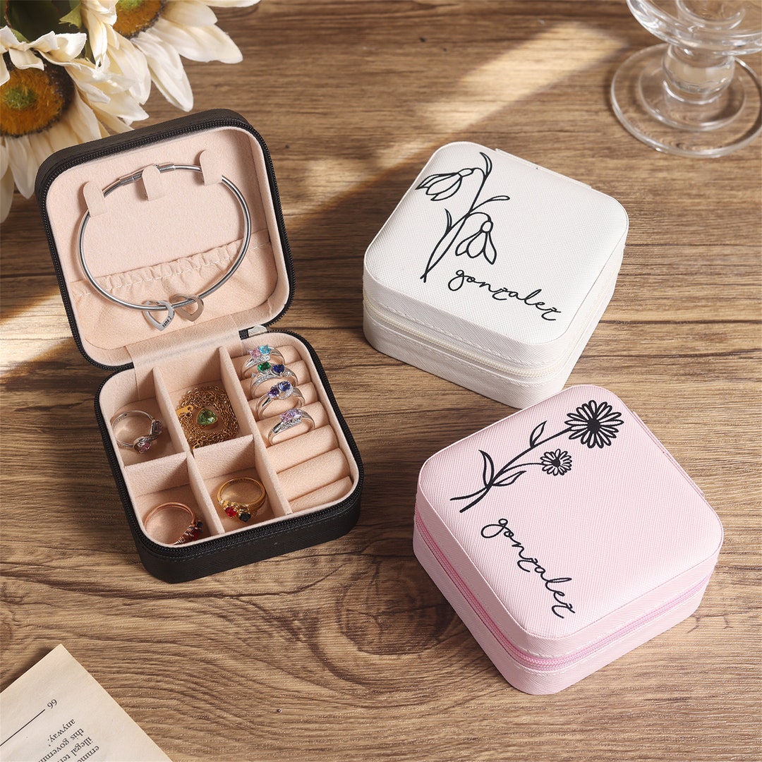 Birth Flower Jewellery Box, Engraved Travel Jewelry Boxes, Bridesmaid ...