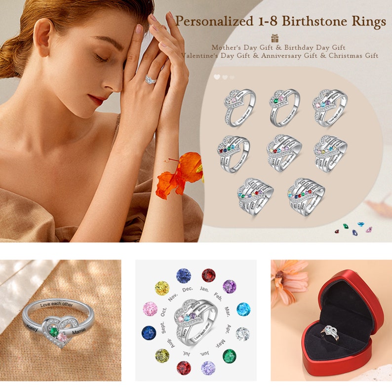 Personalizeds Birthstone Ring for Women, Custom Family Birthstone Ring ...