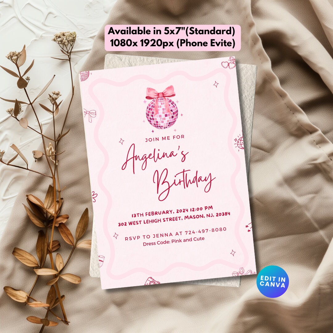 Pink Bow Coquette Invite Pink Disco Coquette Pink Disco Ball Birthday ...