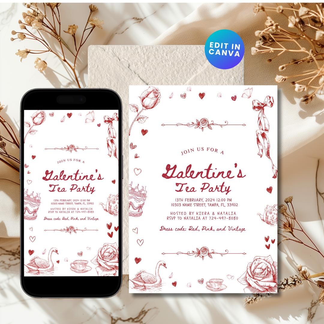 Valentine Tea Party Invitation | Galentine High Tea | Handdrawn ...