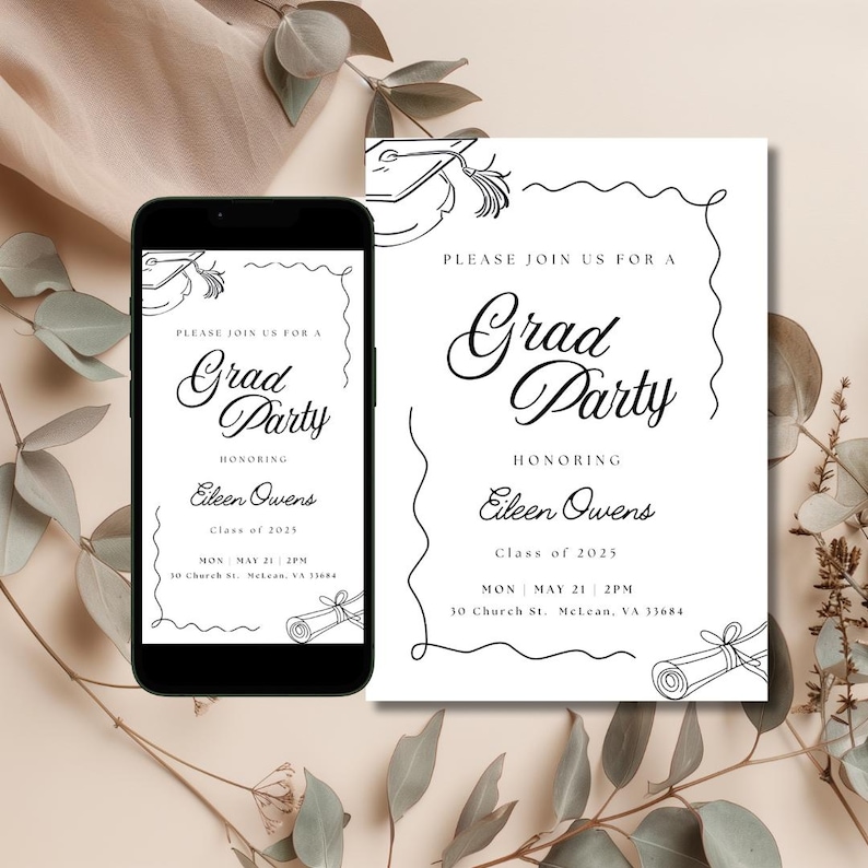White Clean Minimalist Graduation Party Invitation Handdrawn Doodle ...