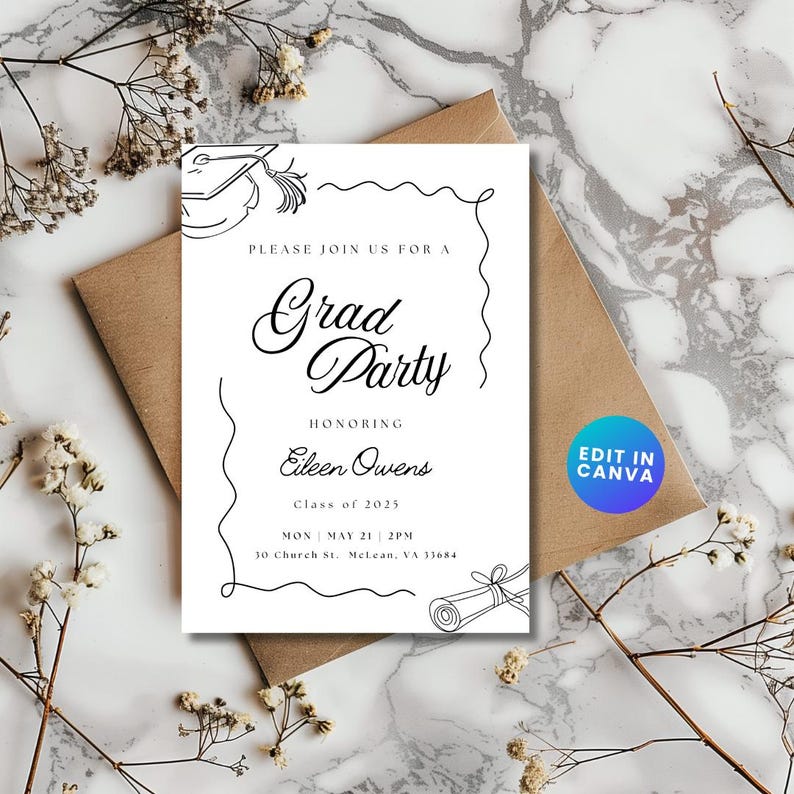 White Clean Minimalist Graduation Party Invitation Handdrawn Doodle ...