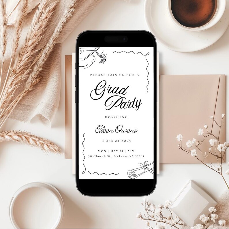 White Clean Minimalist Graduation Party Invitation Handdrawn Doodle ...