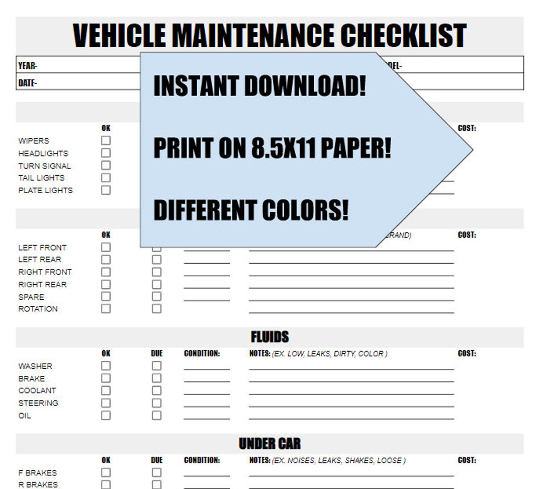 VEHICLE MAINTENANCE CHECKLIST - Etsy