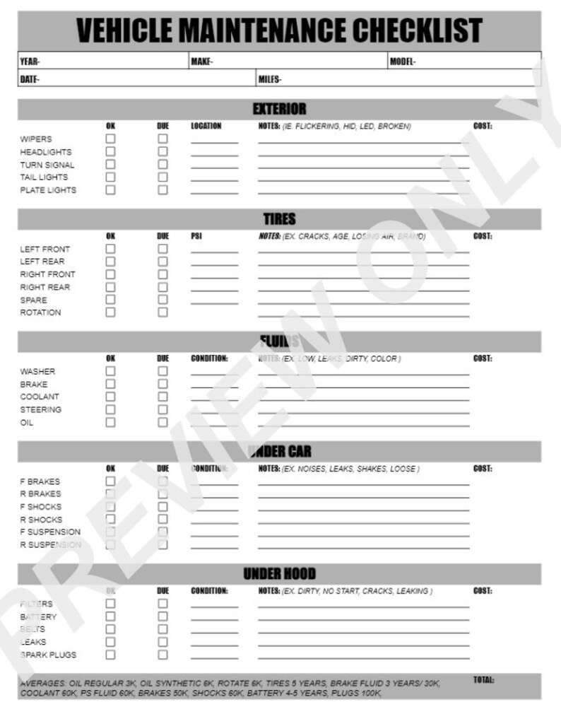 VEHICLE MAINTENANCE CHECKLIST - Etsy