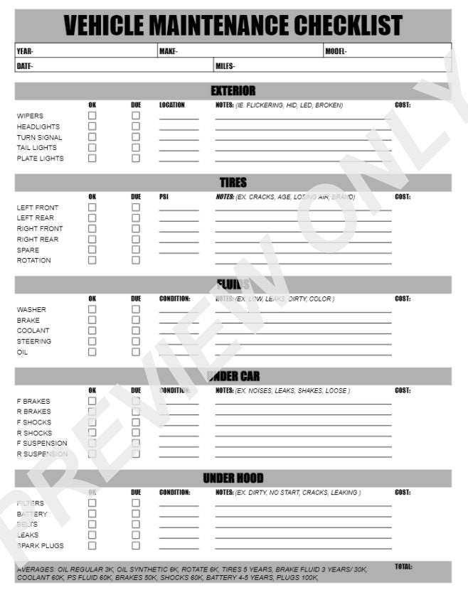 VEHICLE MAINTENANCE CHECKLIST - Etsy