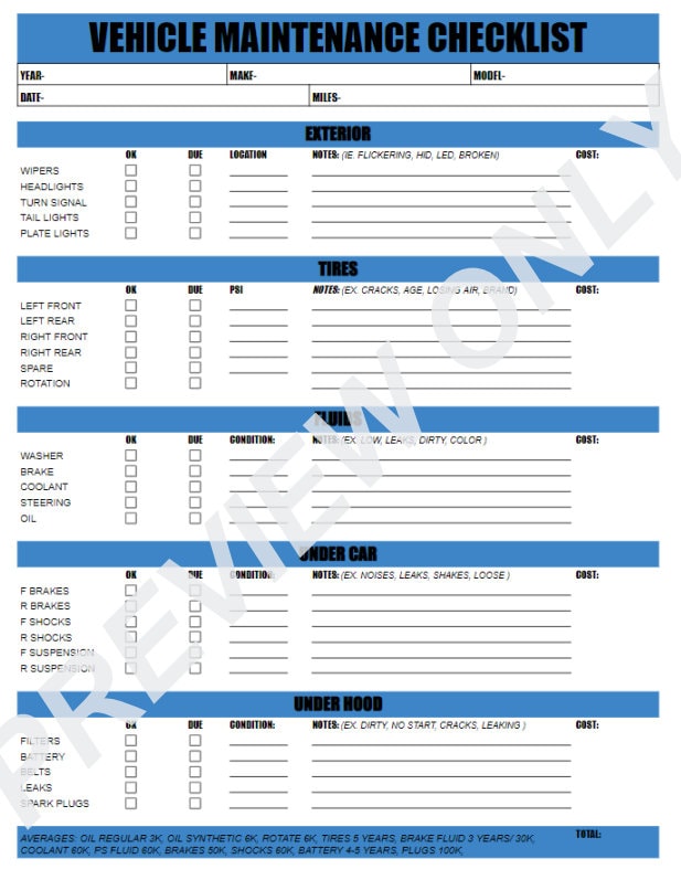 VEHICLE MAINTENANCE CHECKLIST - Etsy